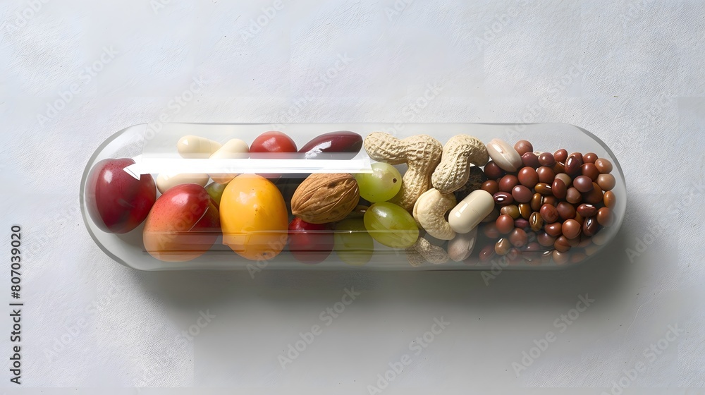 pill capsule with fruits, seeds and vegetables. Nutrition supplemet and ...