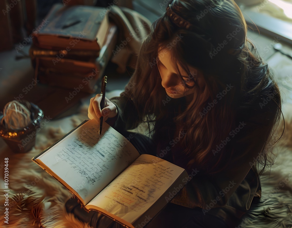 Girl witch writing in a white old book in an old desk, magic around ...