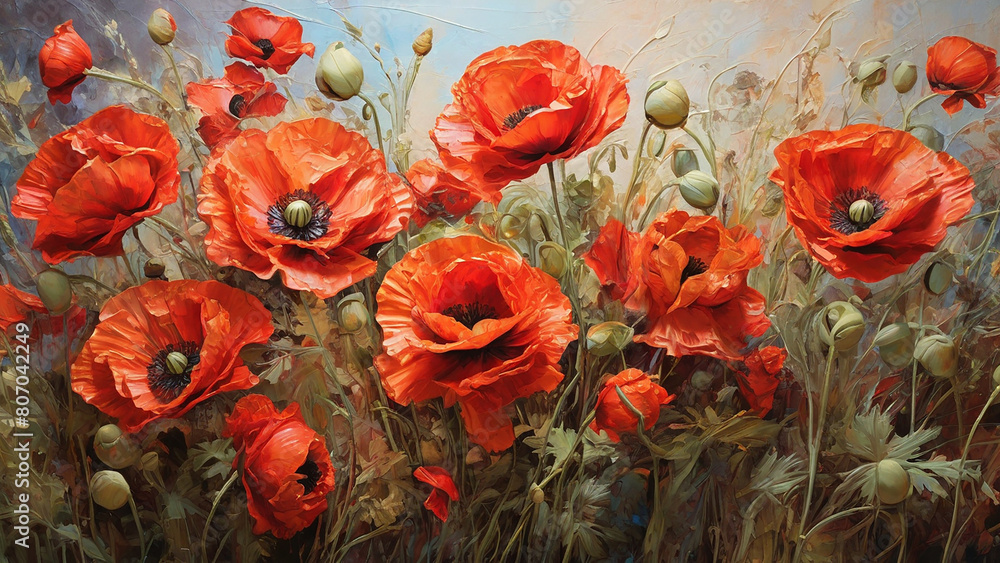 impressionistic oil painting montage of the life cycle of red poppies ...