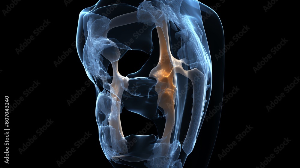3D rendering of a human knee joint. The bones are transparent, and the ...