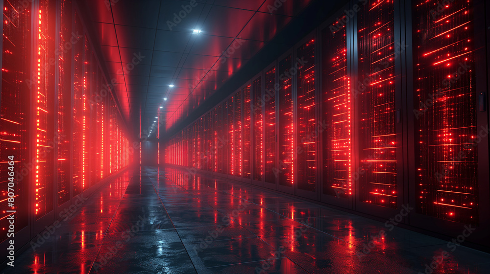 Render of Modern Data Technology Center Server Racks in Dark Room with ...