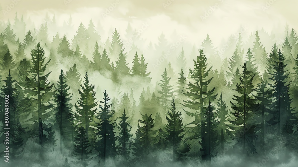 Illustrate the depth and texture of a pine forest with layers of ...
