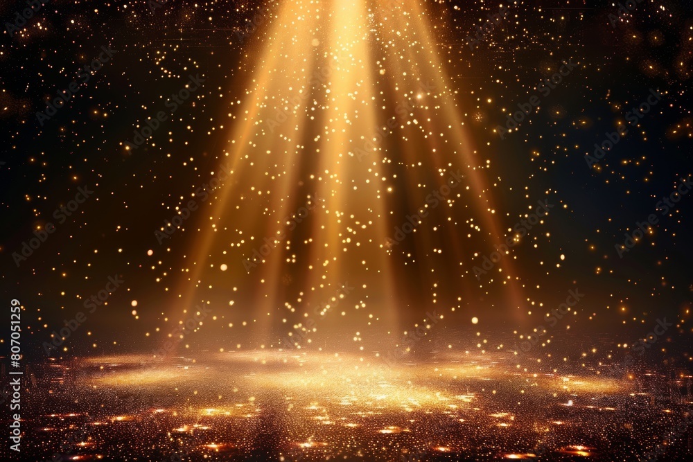Stage light and golden glitter lights on floor. Abstract gold ...