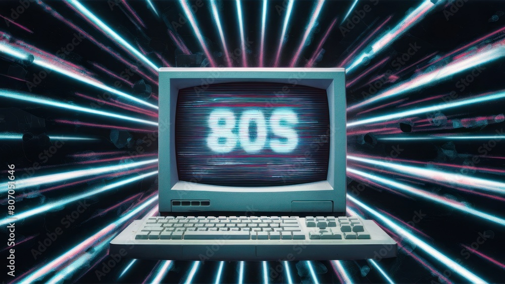 Vintage computer screen displaying 80s retro wave style background with ...
