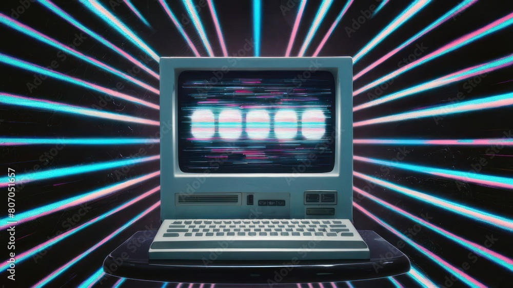 Vintage computer screen displaying 80s retro wave style background with ...