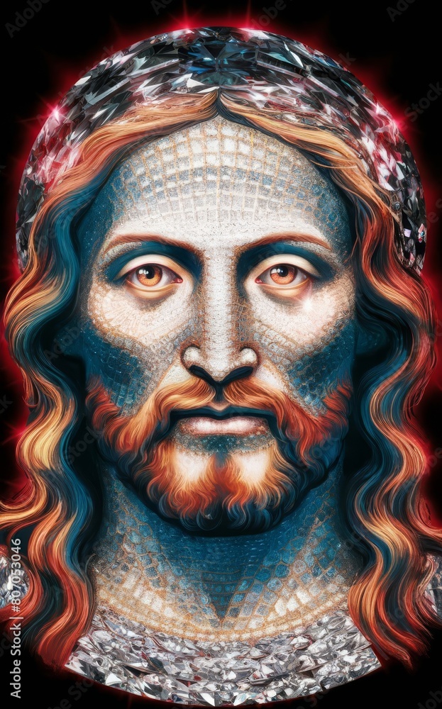 Beautiful face of Jesus Christ in technicolor and diamond cuts, forming ...
