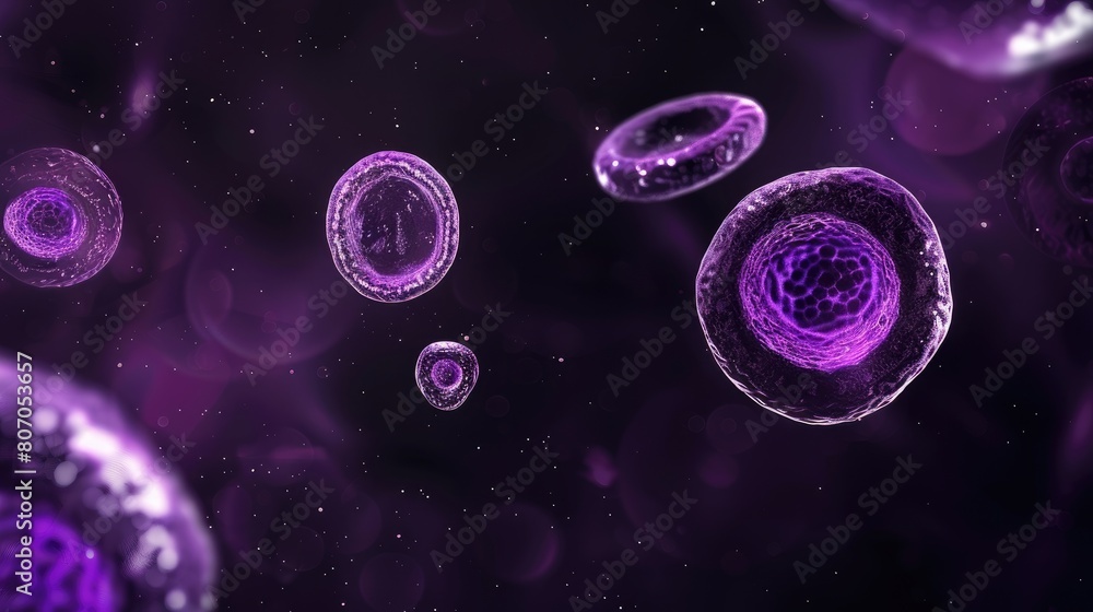 Microscopic view of violet cellular structures floating in an abstract ...