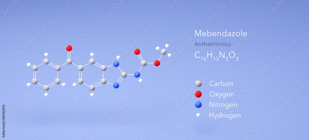 mebendazole molecule, molecular structures, antihelminthic agent, 3d ...