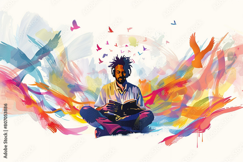 man reading book and birds colorful in background abstract art ...