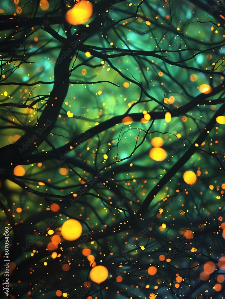 Illustrate a scene where a swarm of digital fireflies, pulsating with ...