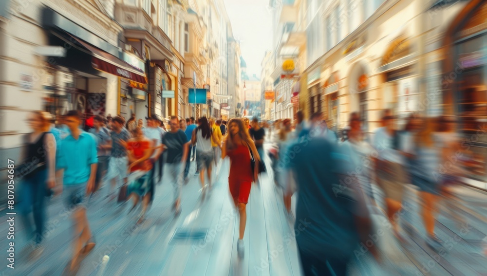 Blurred background of a busy street with a crowd walking fast, with a ...