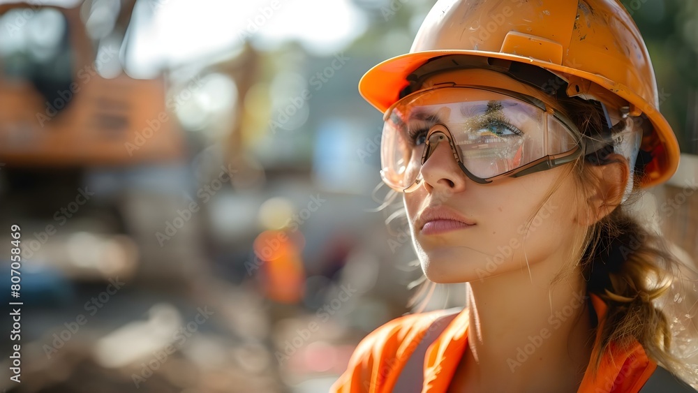 Woman in hard hat at work site construction setting. Concept ...