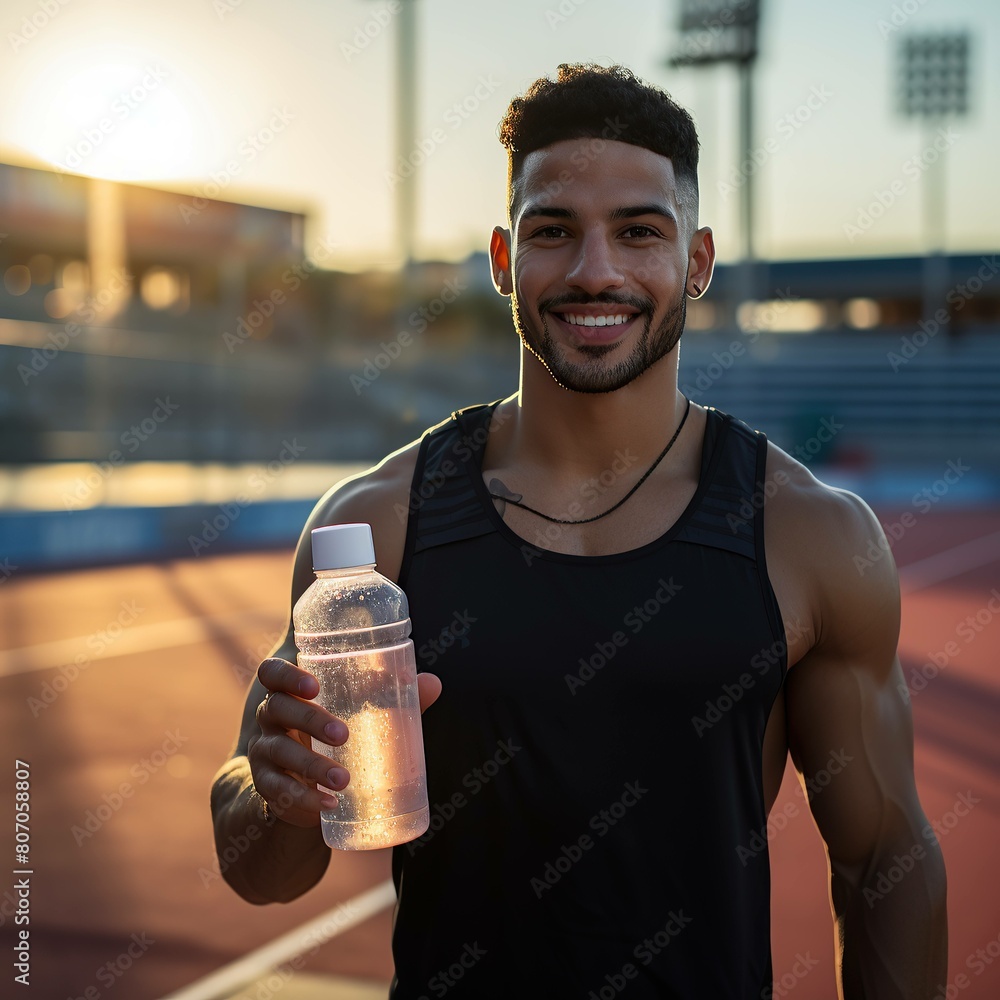 a photo of a latino male sprinter athlete on a track holding in his ...