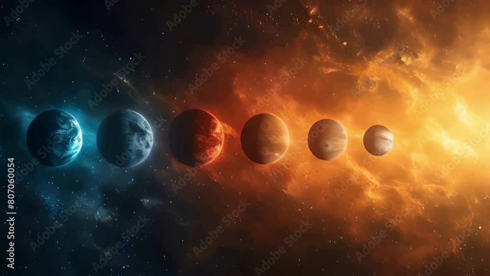 row of planets in solar system, orange and blue nebula background ...