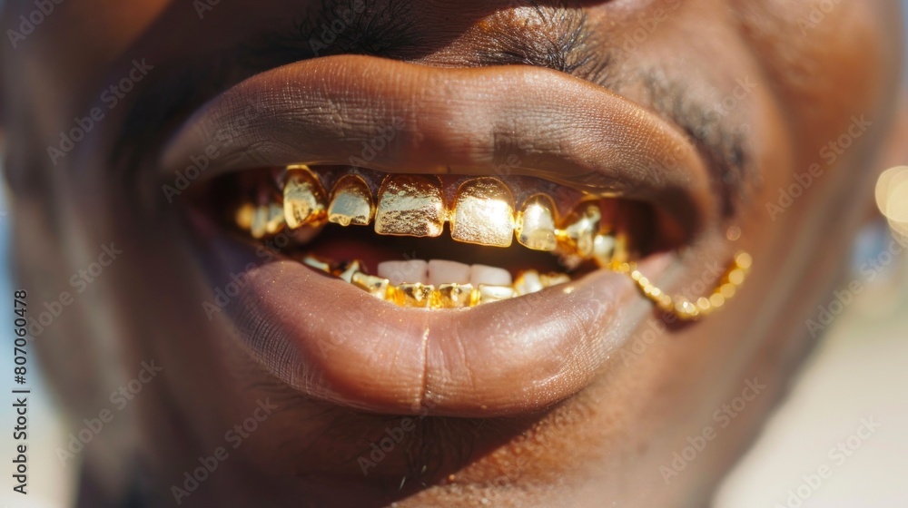 mouth with shiny gold teeth on a dark person in high resolution and ...