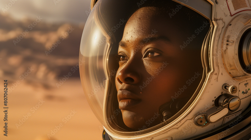 Black female astronaut on mars. Woman in a spacesuit with sepia ...