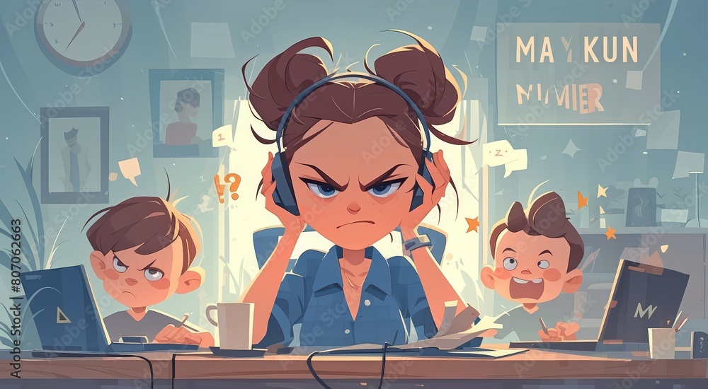 A cartoon illustration of an angry mother with her hands on her ears ...