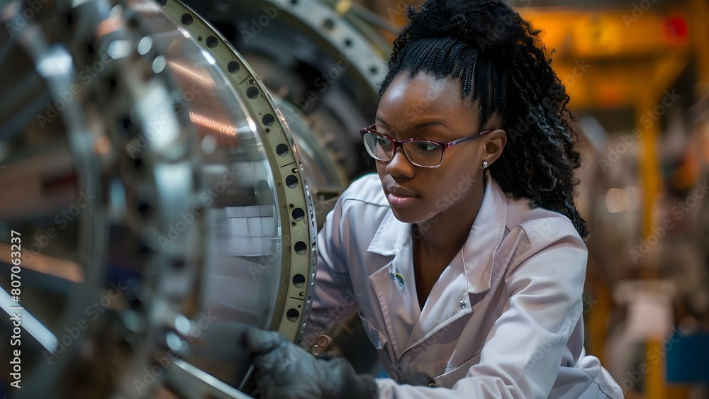 Confident African American woman aerospace engineer working on aircraft ...