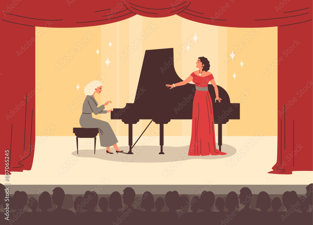 Beautiful woman opera singer in long red dress and musician pianist at ...
