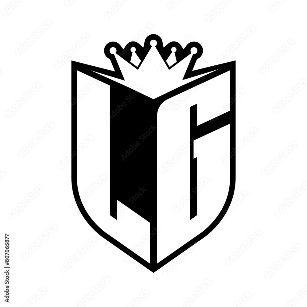 LG Letter bold monogram with shield shape and crown inside shield black and white color design ...