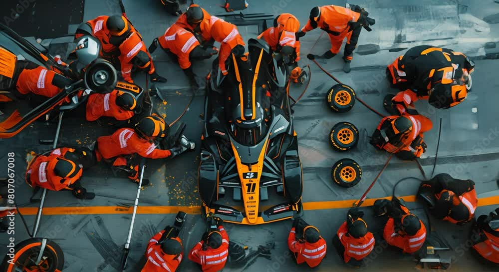 Professional pit crew ready for action as their team's race car arrives in the pit lane during a ...