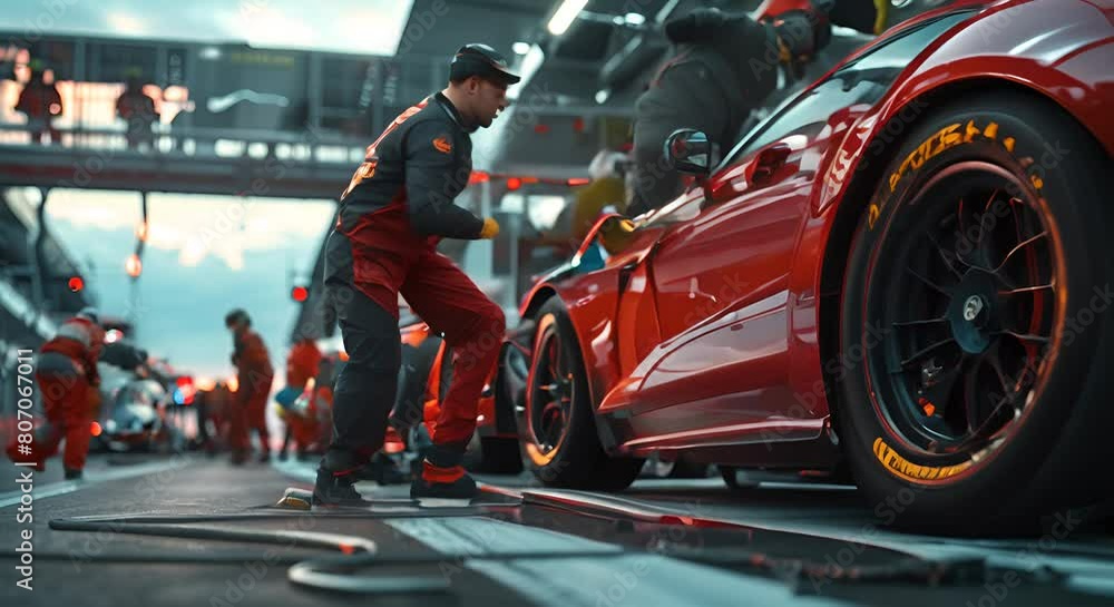 Professional pit crew ready for action as their team's race car arrives in the pit lane during a ...