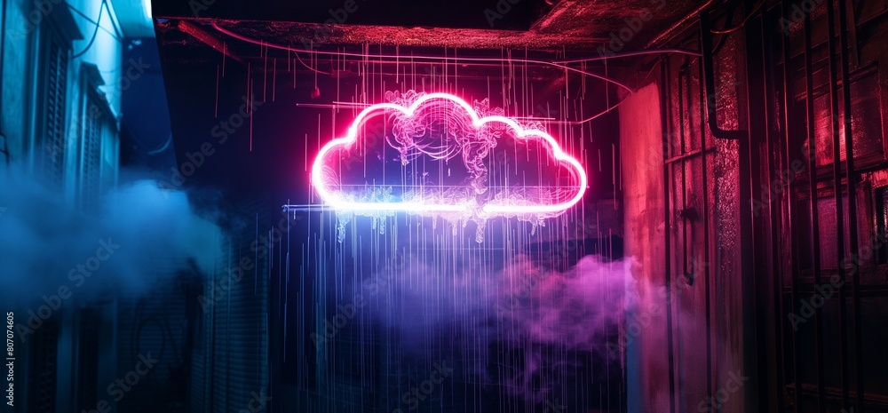A neon sign of a rain cloud glowing in the dark, with rain falling from ...