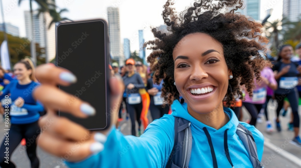 A woman poses for a selfie with her cell phone amidst a throng of ...