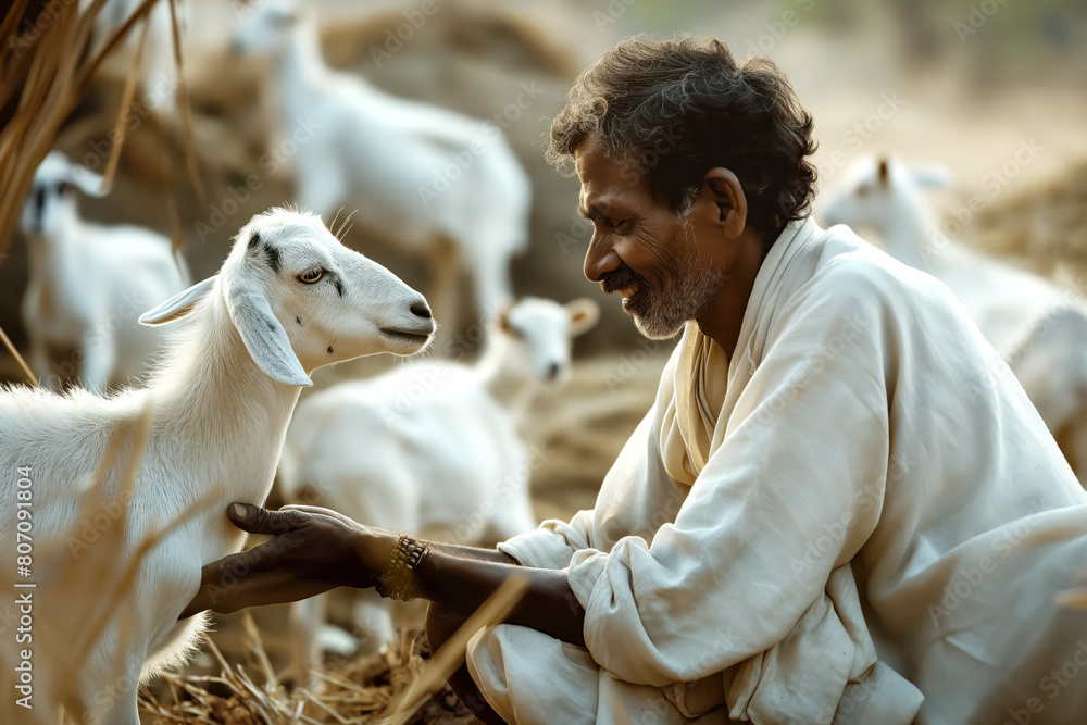 An Indian man caressing a lamb with his flock of sheep and goats for ...