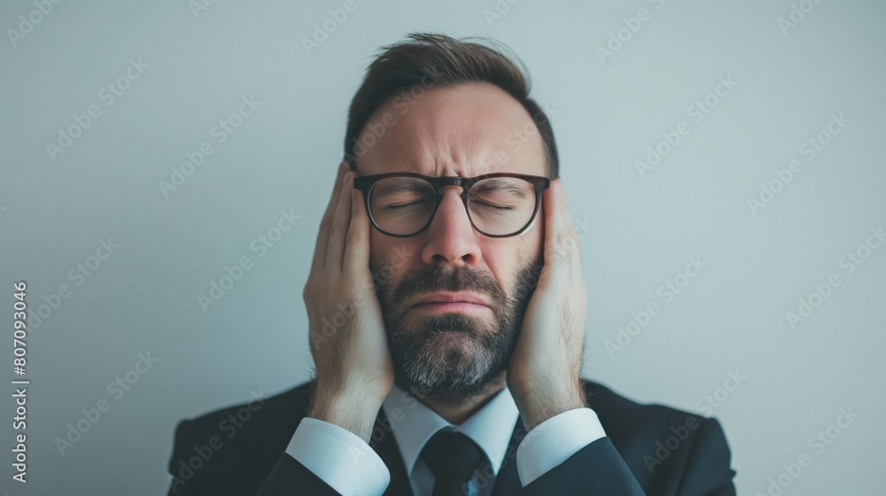 Businessman with eyeglasses headache hands beside face worry stress ...