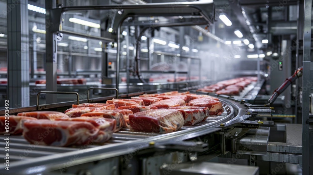 Interior of a meat processing plant with conveyor belts transporting ...