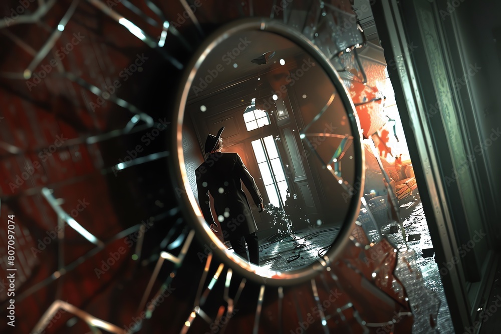 Visualize a dystopian detective inspecting a crime scene from a bizarre ...