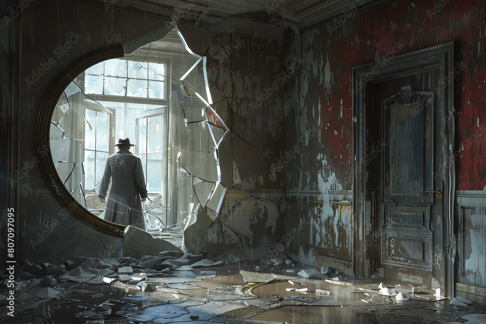 Visualize a dystopian detective inspecting a crime scene from a bizarre ...