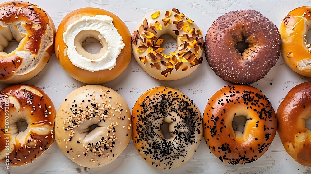 variety of freshly baked bagels with cream cheese and sprinkles are ...