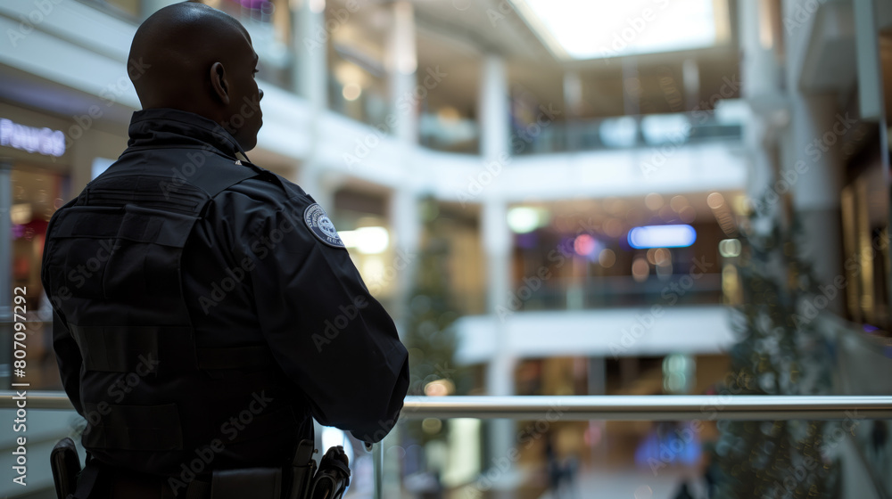 A security guard, stands in silhouette overseeing a mall atrium, his ...