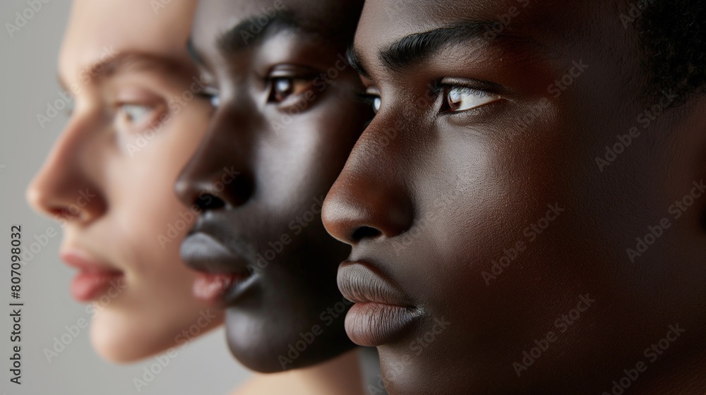 Multi races different races side face head Caucasian African man close ...