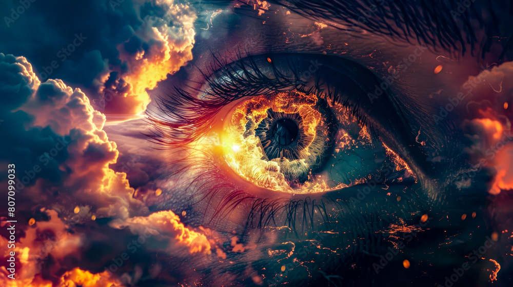 Artistic depiction of a human eye with a vibrant reflection of fiery ...