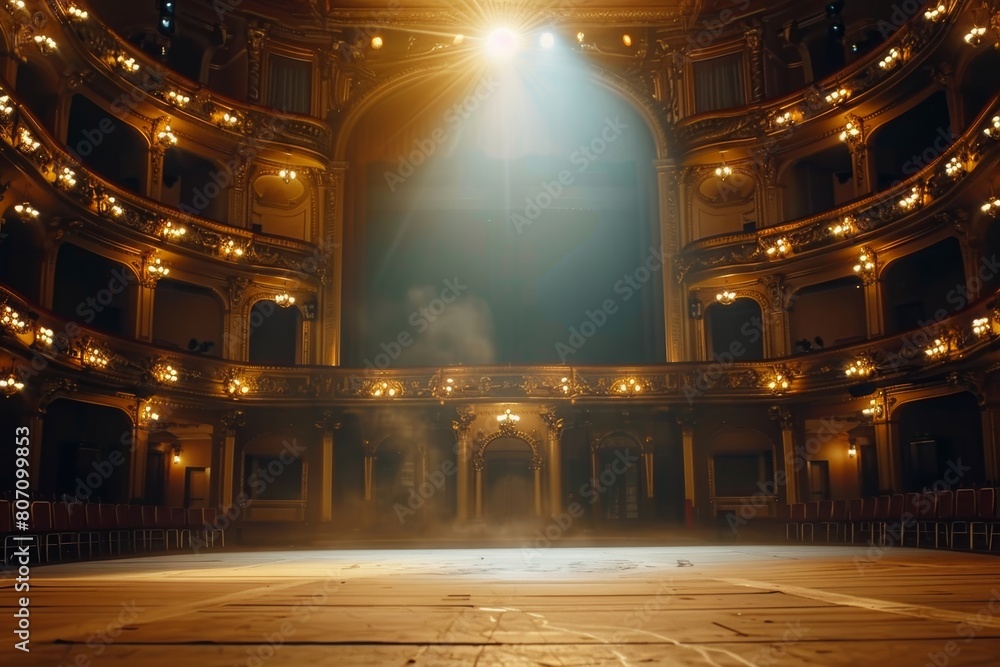 Wide shot of an empty elegant classical theater with a spotlight from ...