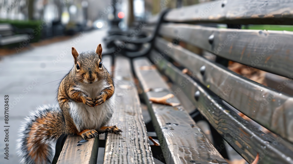 A squirrel sits on a park bench, looking at the camera. The squirrel is ...