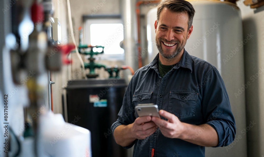 Happy homeowner plumber, HVAC technician, man using a mobile phone in a ...