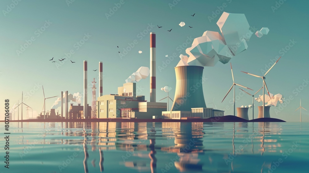 An illustration of a traditional fossil fuel power plant being replaced ...