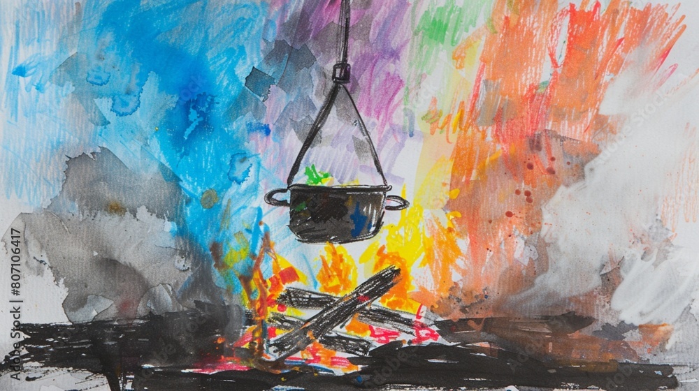 colour sketch of a wood fire, a black pot suspended above the fire from ...