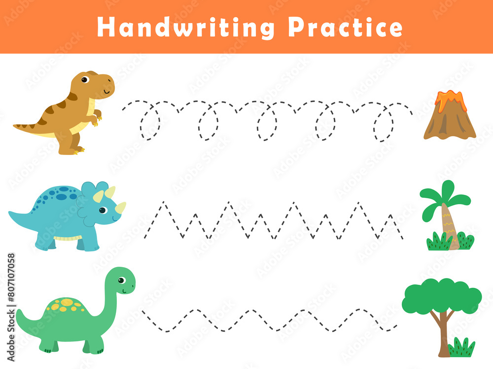 Handwriting practice sheet with cute dino illustration . Basic writing ...