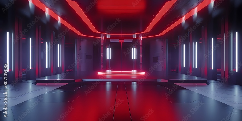 Empty light red studio room futuristic Sci Fi big hall room with lights ...