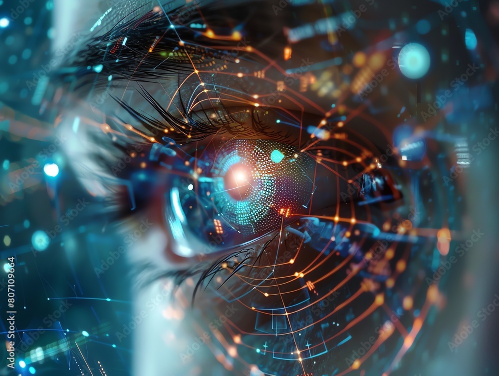 Explore a dynamic eye-level view of futuristic holographic displays merging with abstract human ...