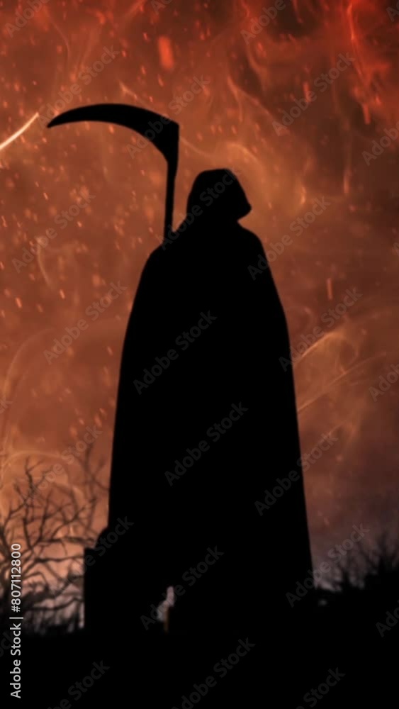 Vertical Haunting Smoke with Death Reaper 4K features a graveyard with ...