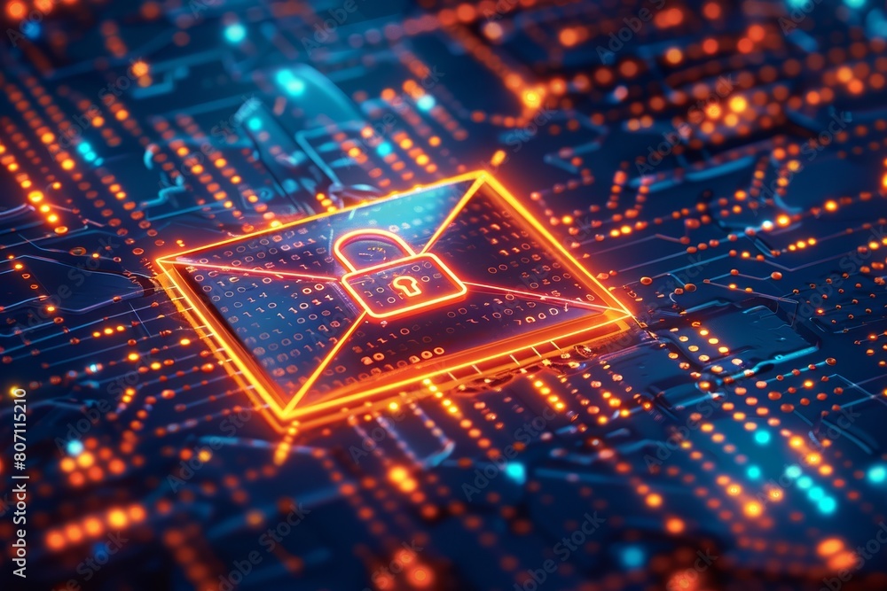 An abstract visualization of a digital lock sealing an email envelope ...