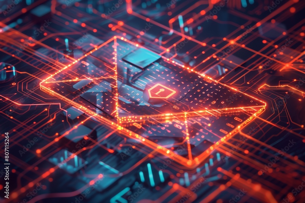 An abstract visualization of a digital lock sealing an email envelope ...