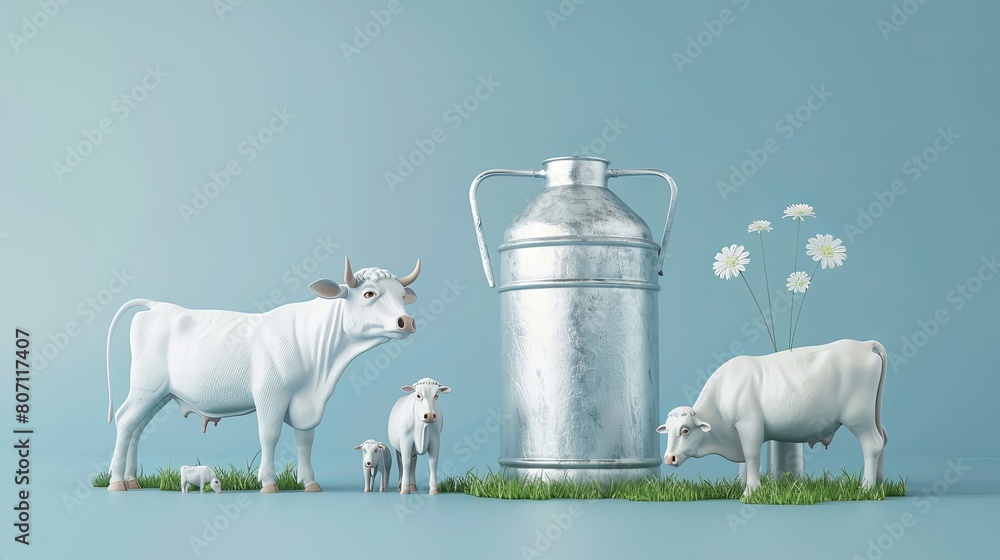 A 3D illustration featuring an old metal milk can and miniature cows ...