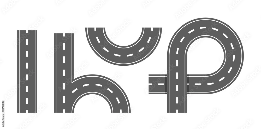 Vector Collection Of Road Sections, Features Straight Roads, Curves ...